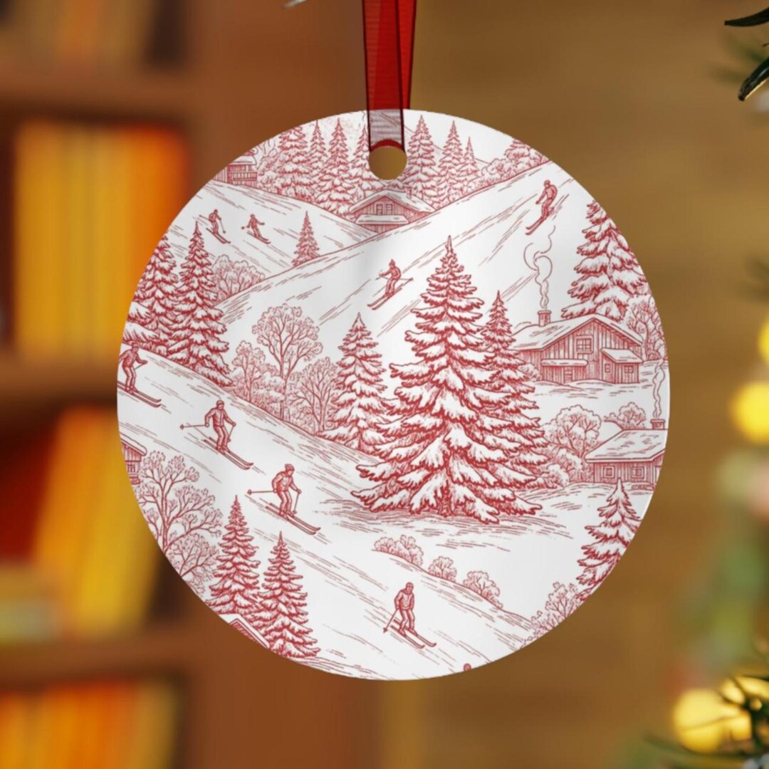 Red Toile Skiing Christmas Tree Ornament Snowy Mountain Village Winter ...