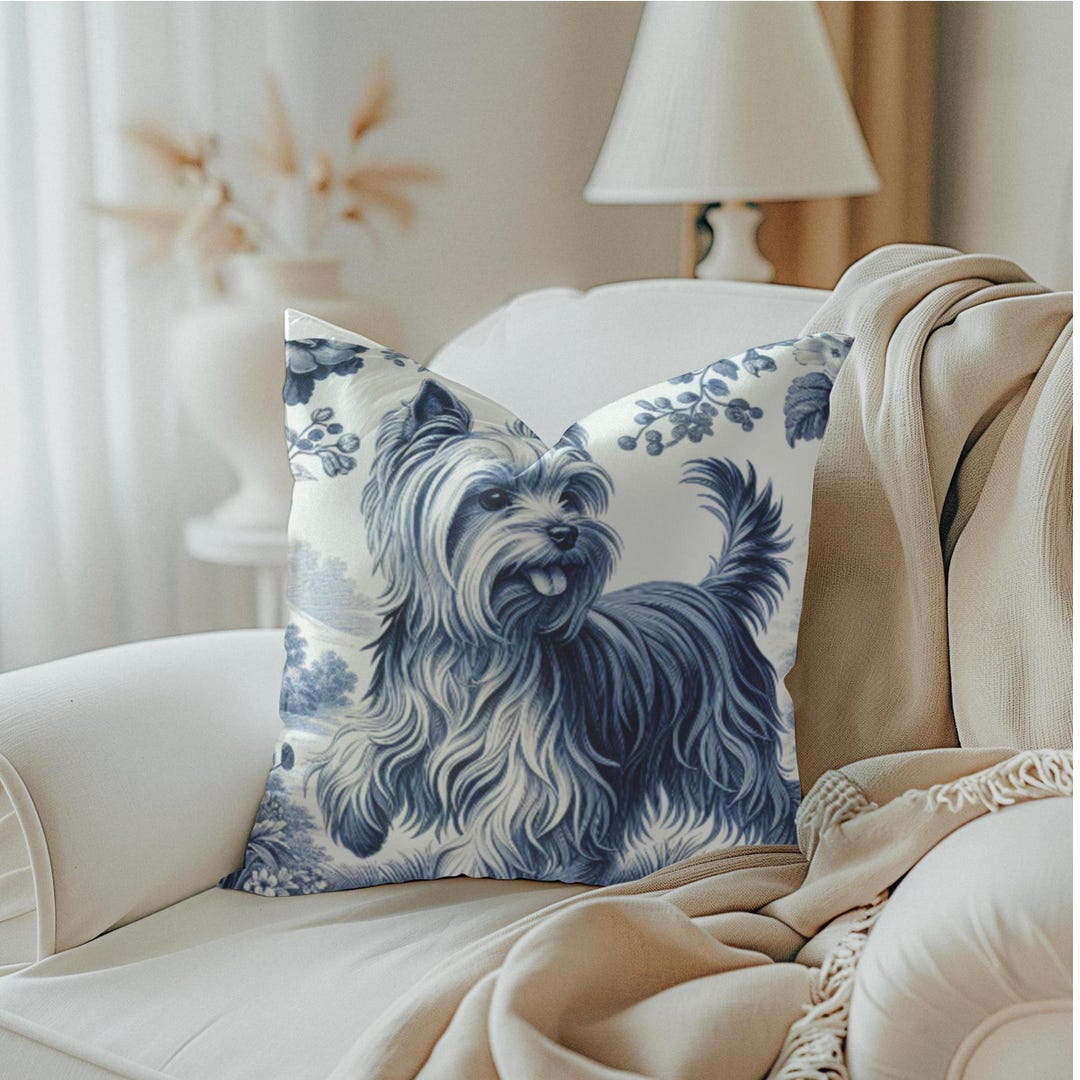 Blue Toile Yorkshire Terrier Pillow Cover Yorkie Cushion Cover ...