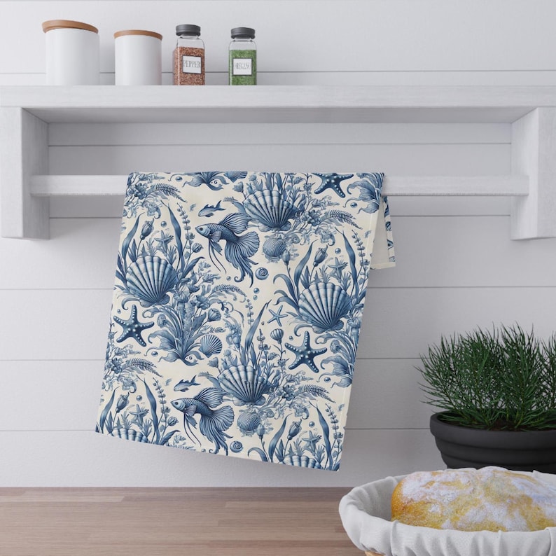Chinoiserie Blue Ocean Tea Towel Blue Toile Fish Kitchen Towel Beach ...