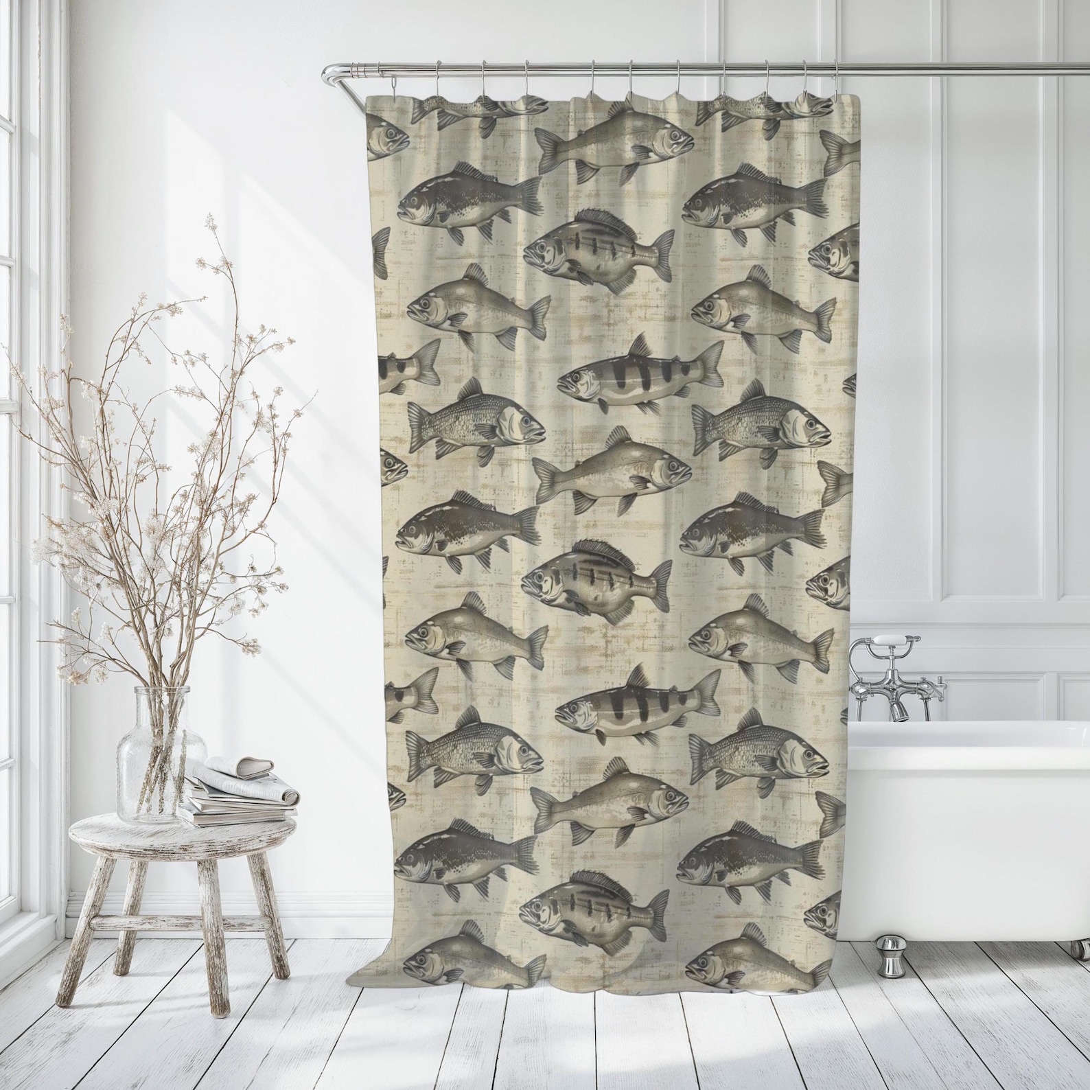 Fish Shower Curtain - Vintage Fish Bath Curtain Fishing Bathroom ...