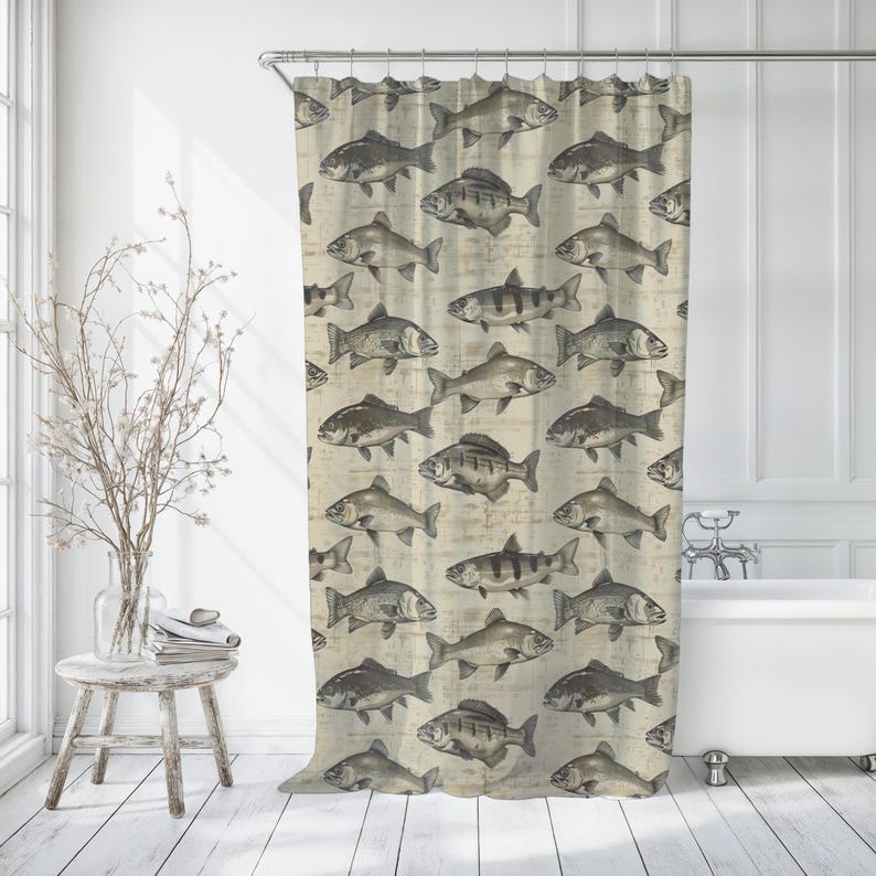 Fish Shower Curtain - Vintage Fish Bath Curtain Fishing Bathroom ...