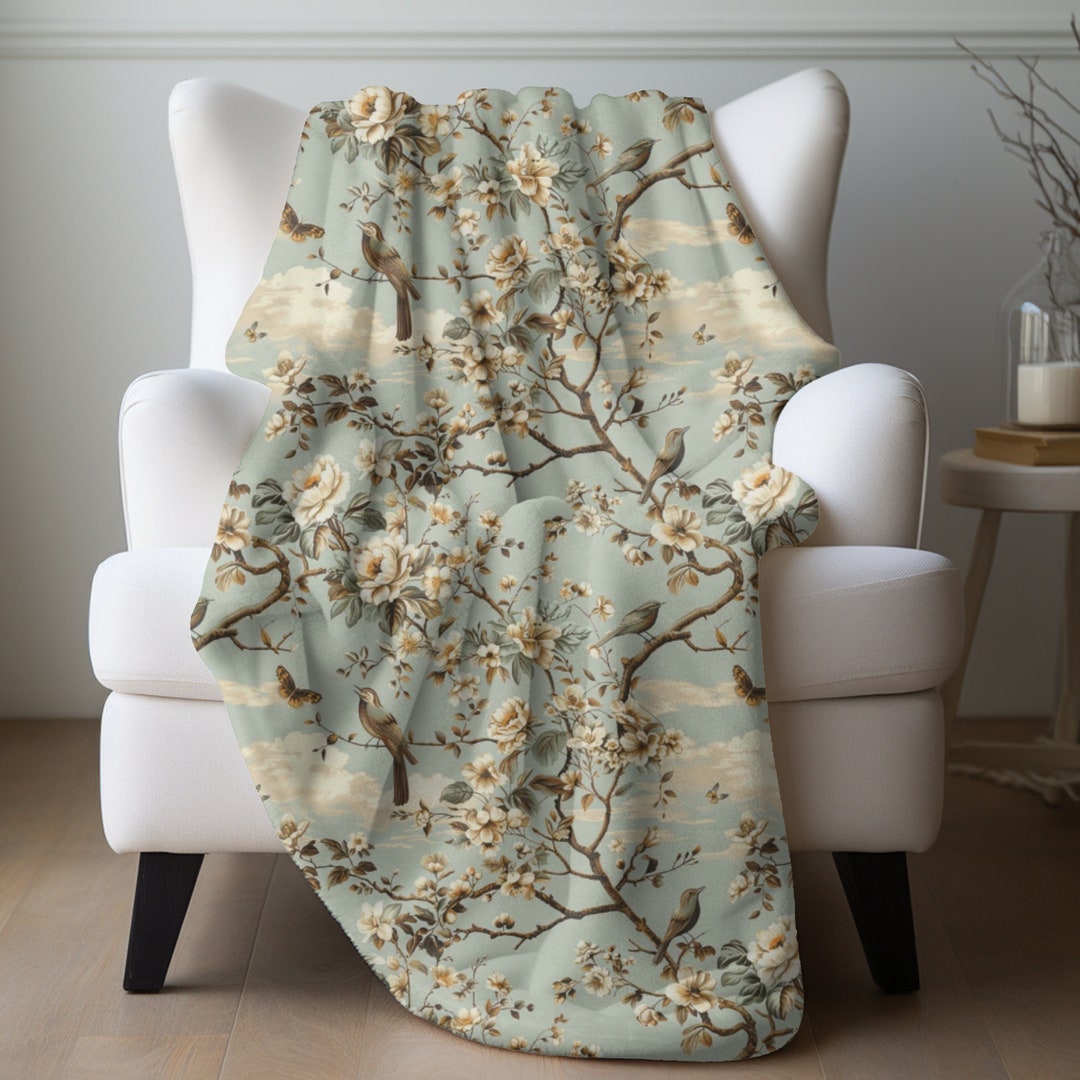 Toile Birds Green Blanket Bird Throw Butterfly Blanket Vintage Birds ...