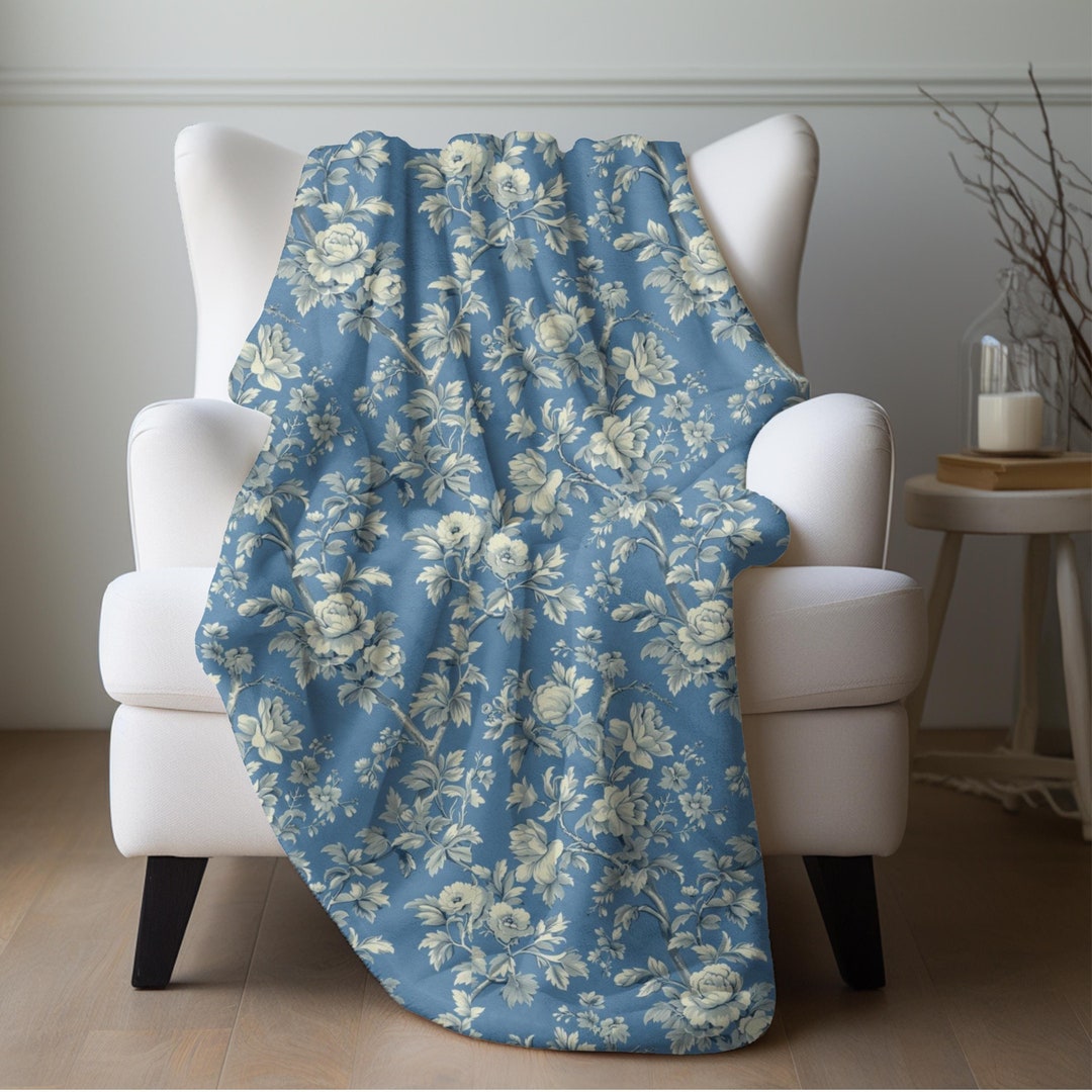 Blue Toile Roses Blanket White Roses Throw Vintage Floral Bedding ...