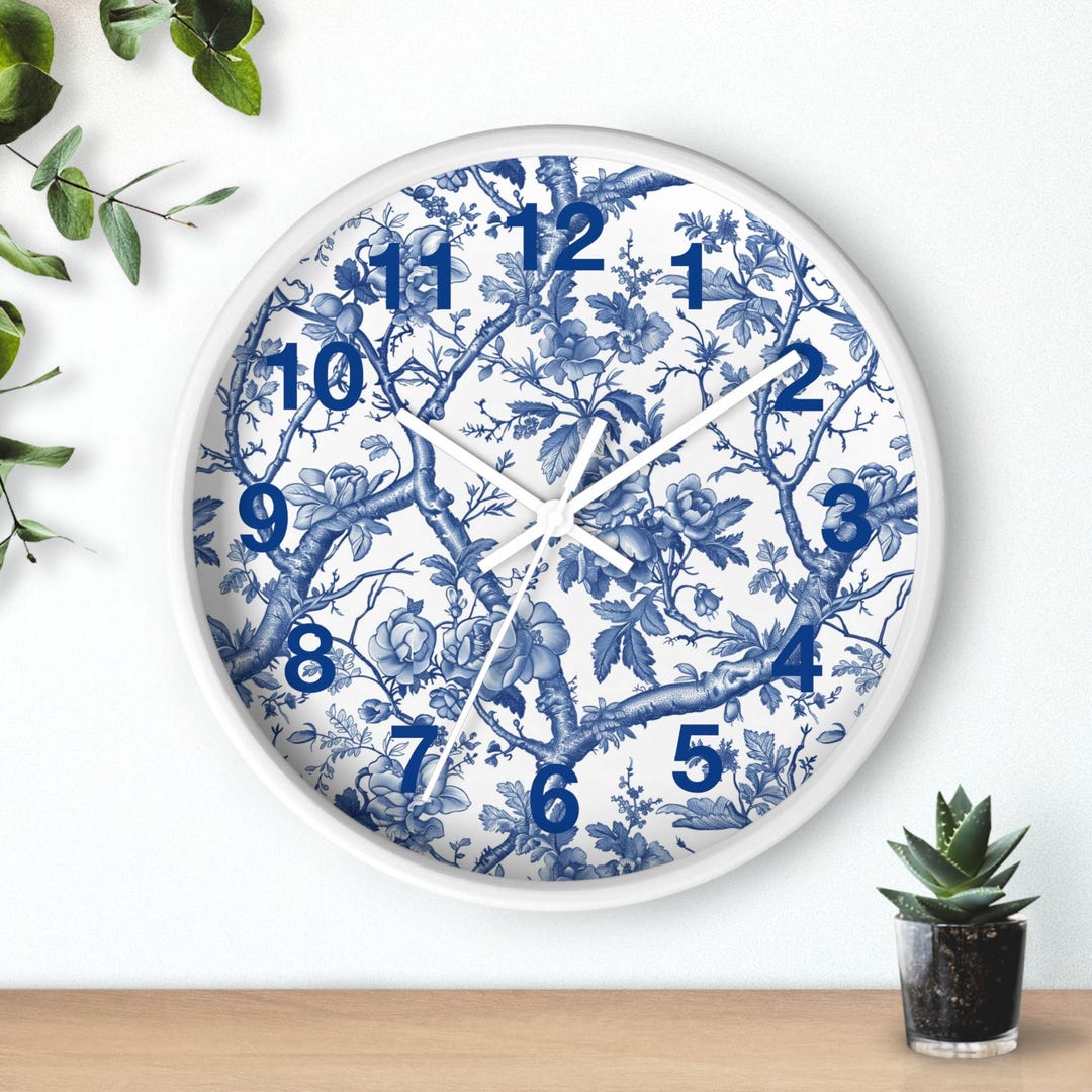 Blue Toile Wall Clock French Country Wall Clock Blue and White Decor ...