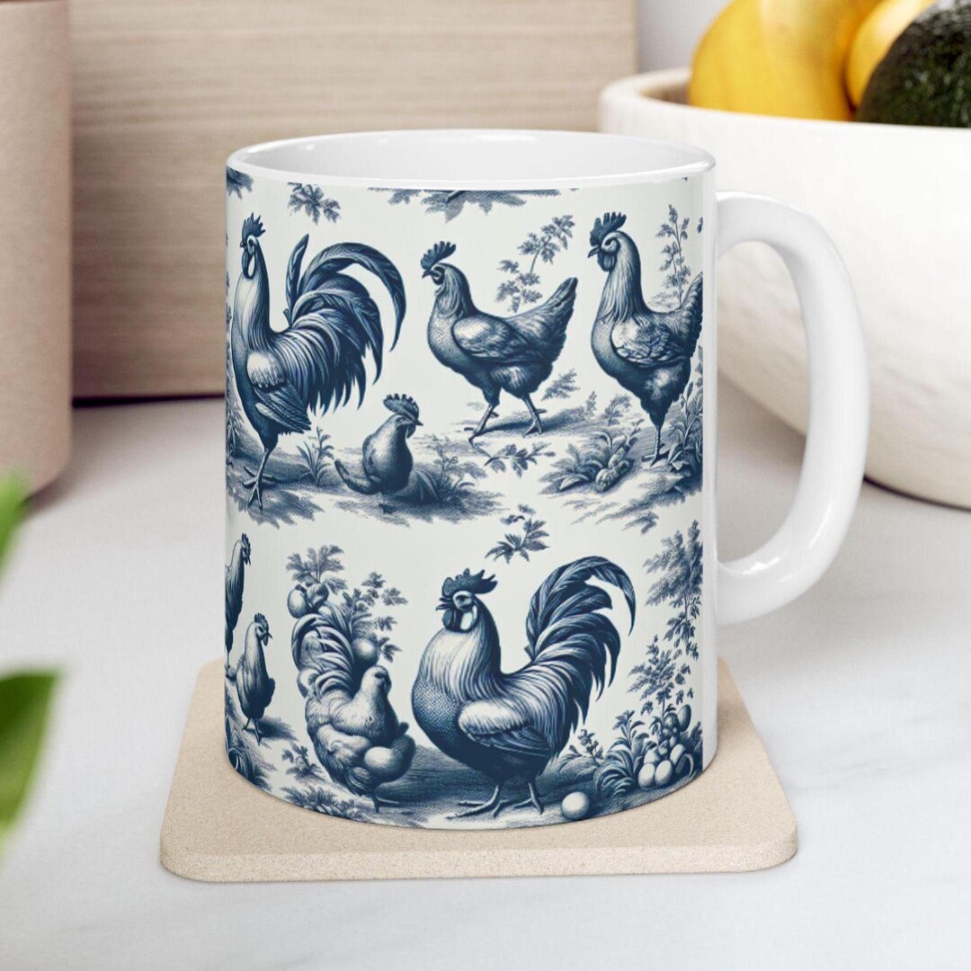 Blue Toile Chickens Mug Rooster Coffee Cup Farmhouse Chicken Decor ...