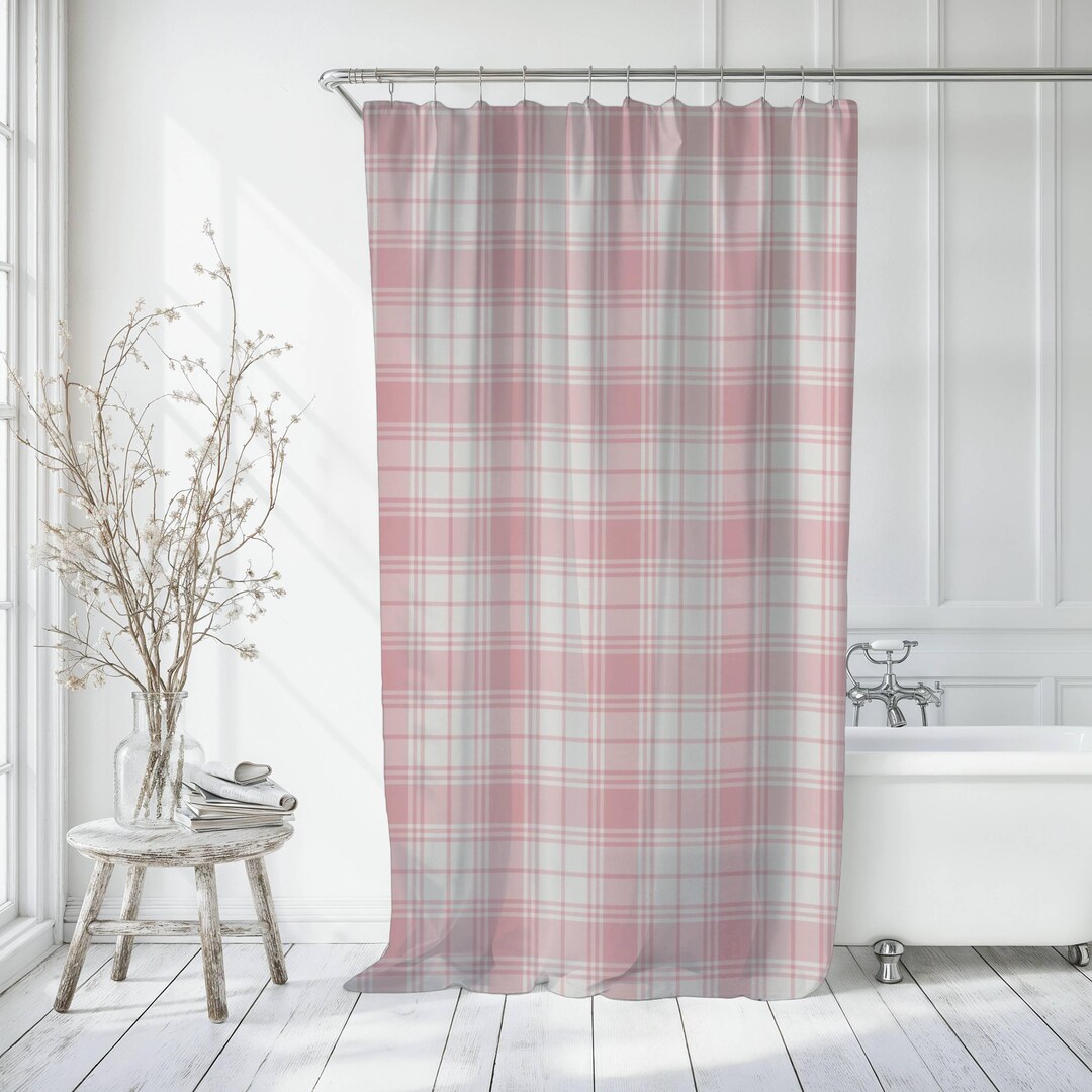 Pink Check Shower Curtain Pink Tartan Bath Curtain Pink Checkered ...