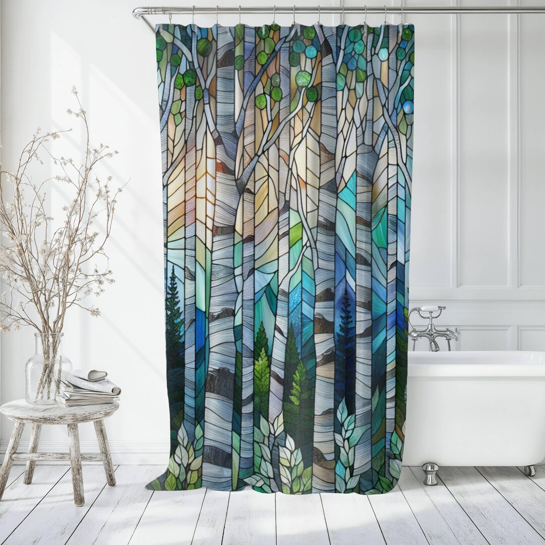 Blue Trees Stained Glass Shower Curtain Cool Tones Bath Decor Calm ...