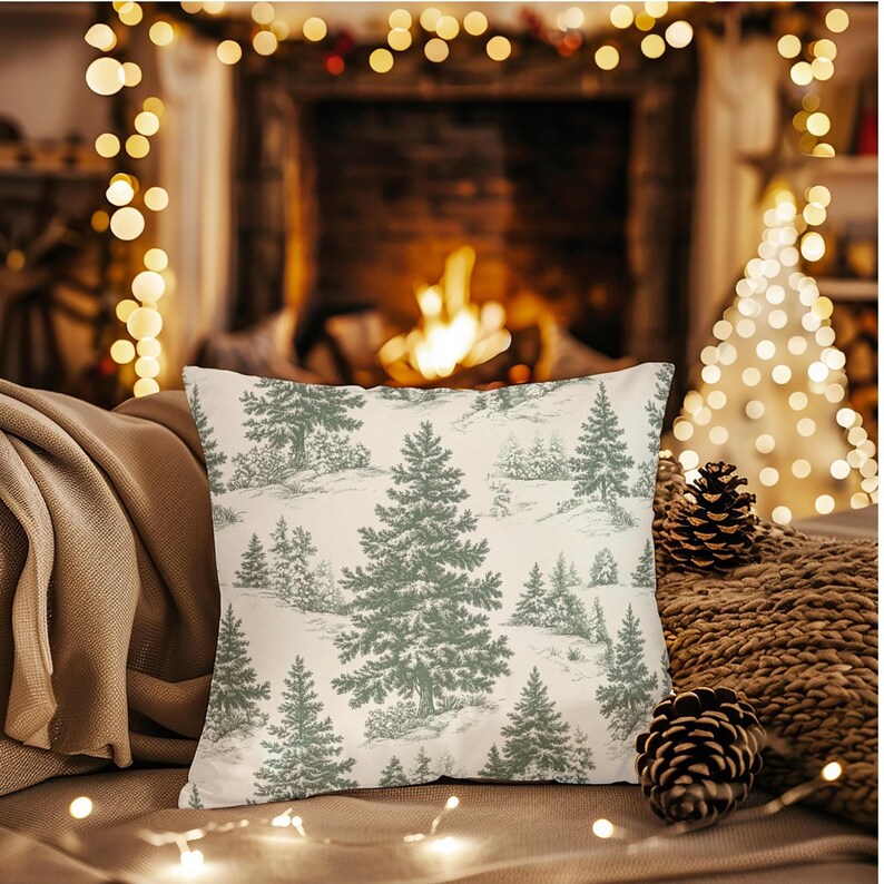 Green Toile Christmas Tree Pillow Cover French Country Holiday Decor ...