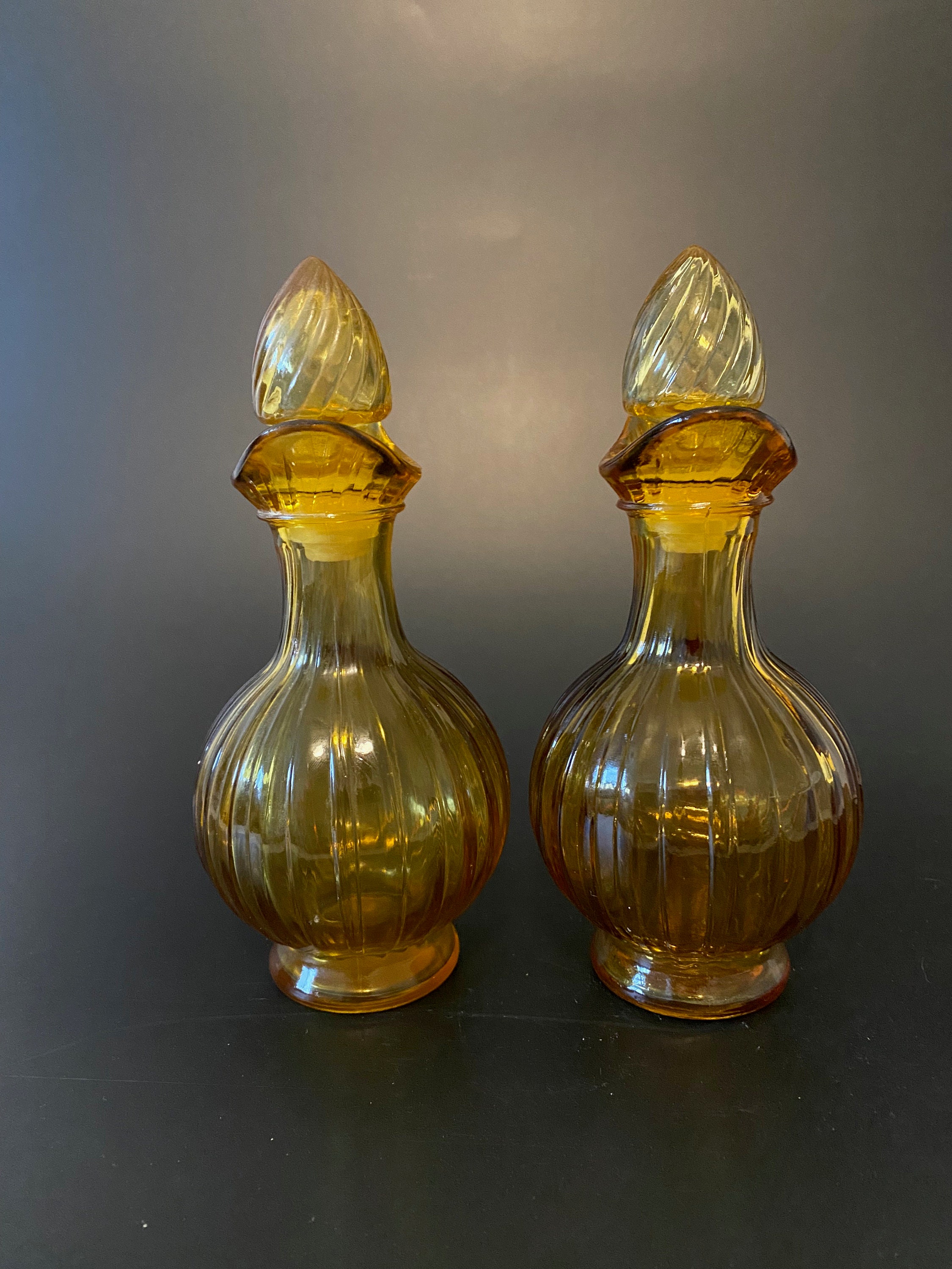 Vintage Decanter, Amber Decanters, Pair With Stoppers, Retro Bottles ...