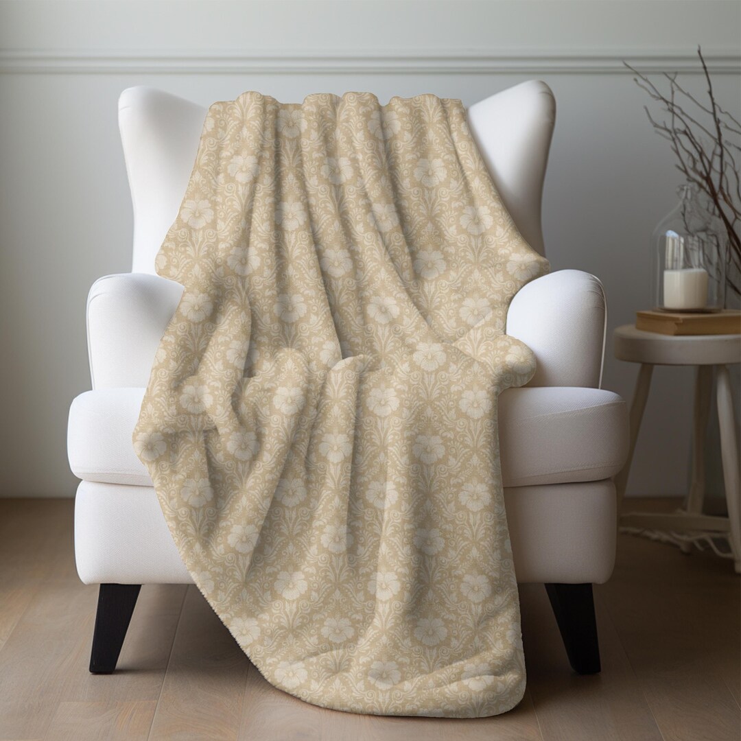 Beige Damask Floral Blanket, Neutral Color Throw Rustic Vintage Flower ...