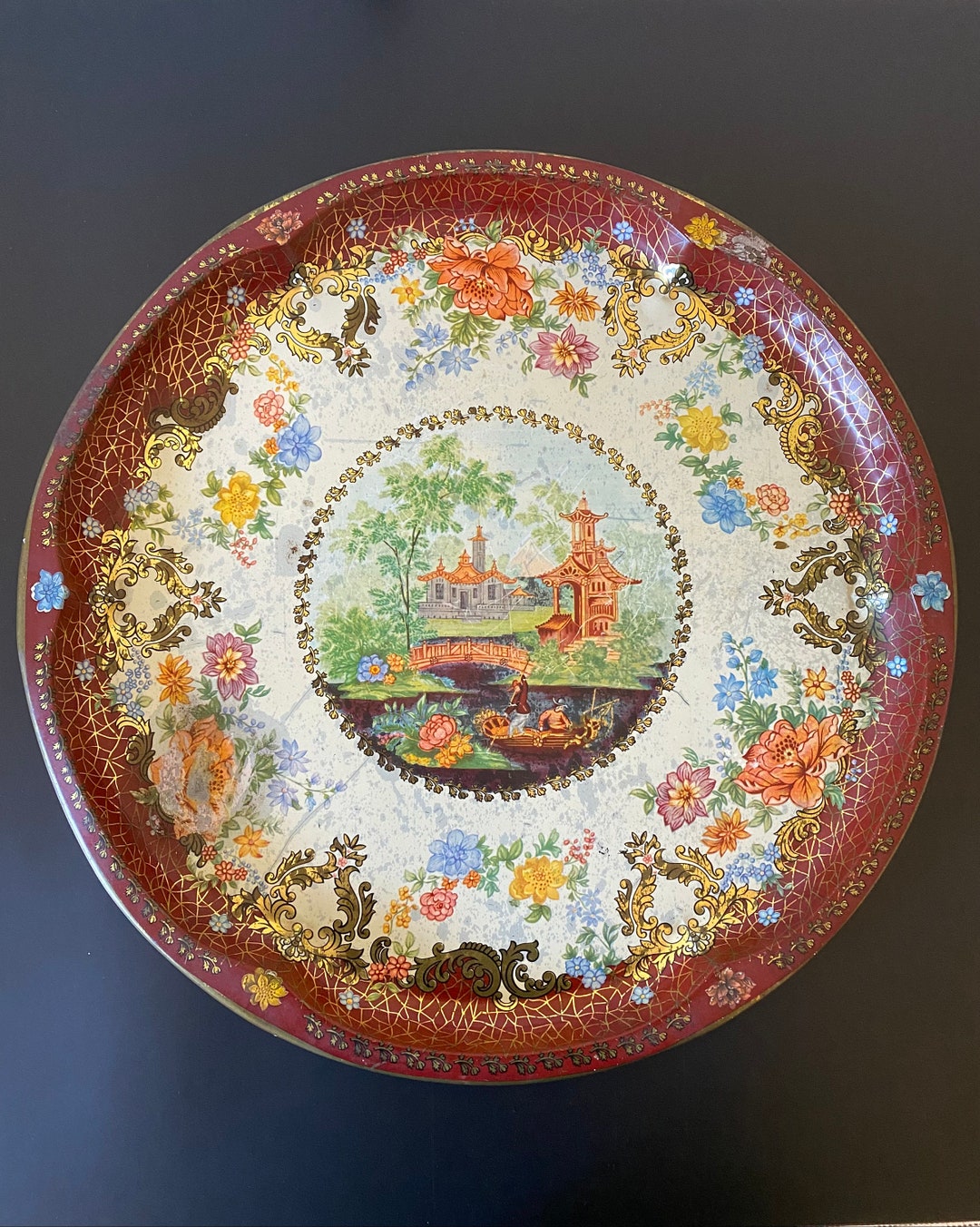 Vintage, Chinoiserie Tray, Red Serving Tray, Round Tray, Daher Design ...