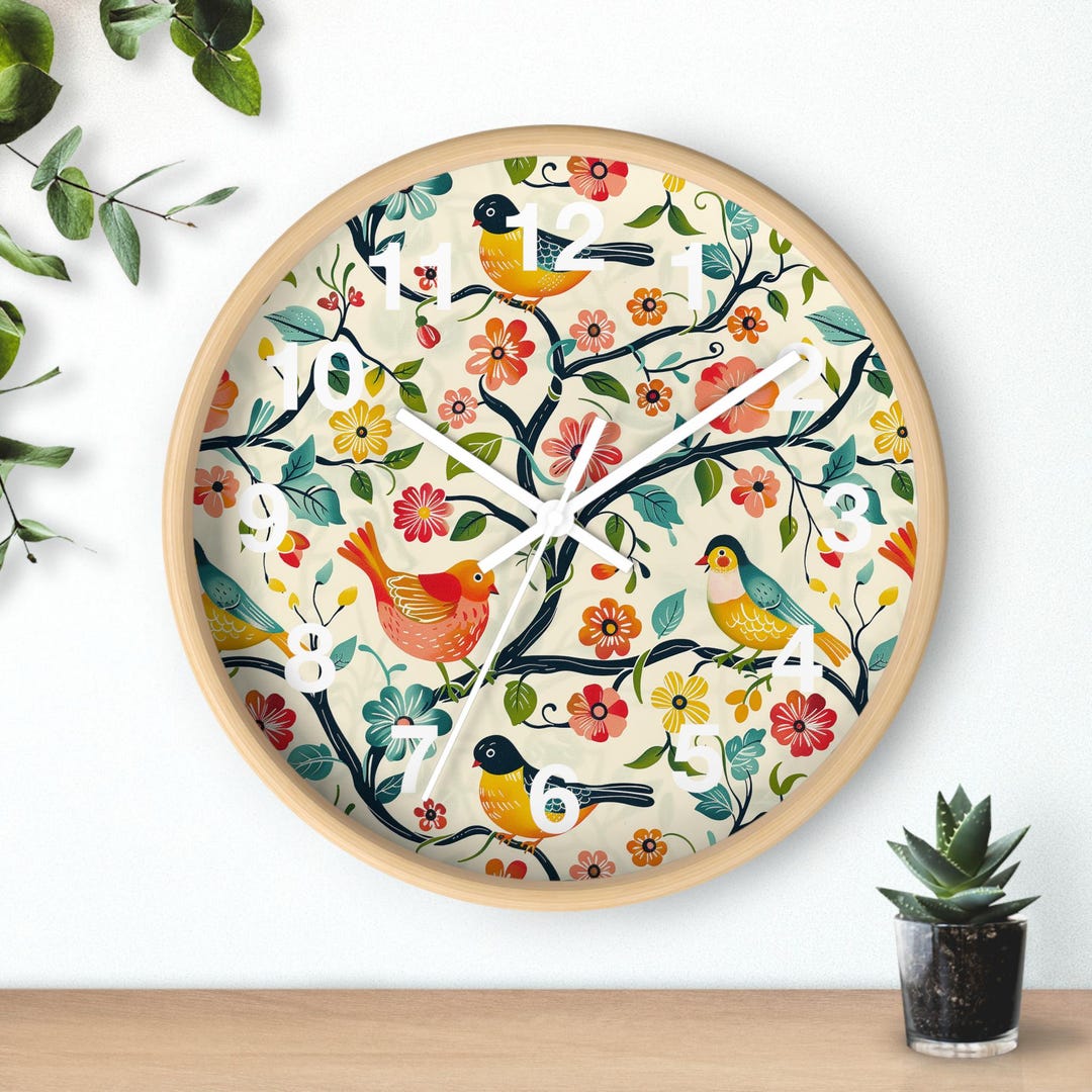 Colorful Birds Wall Clock Folk Art Wall Clock Bird Theme Clock ...