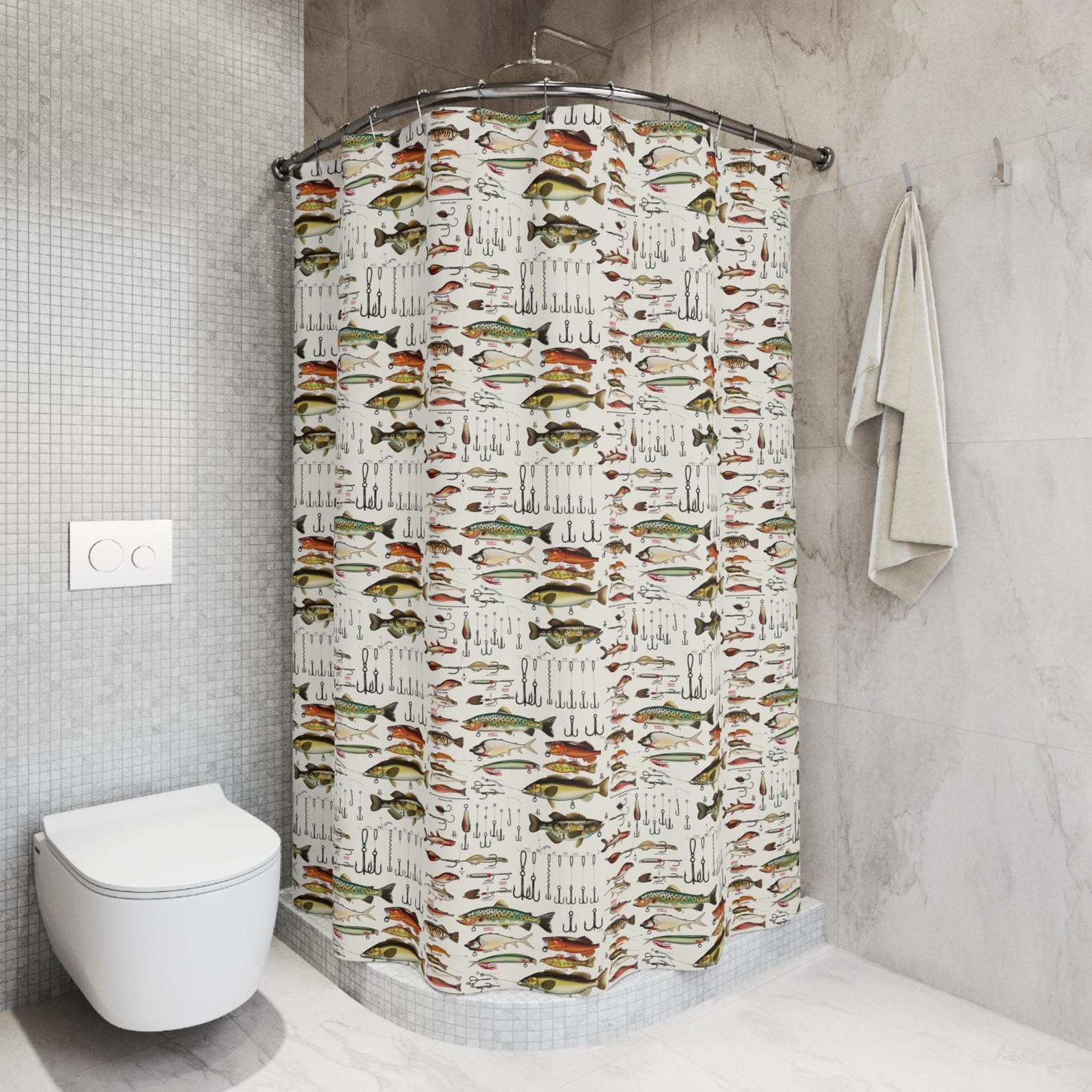 Fishing Shower Curtain, Fish Hooks Bathroom Decor Masculine Shower ...