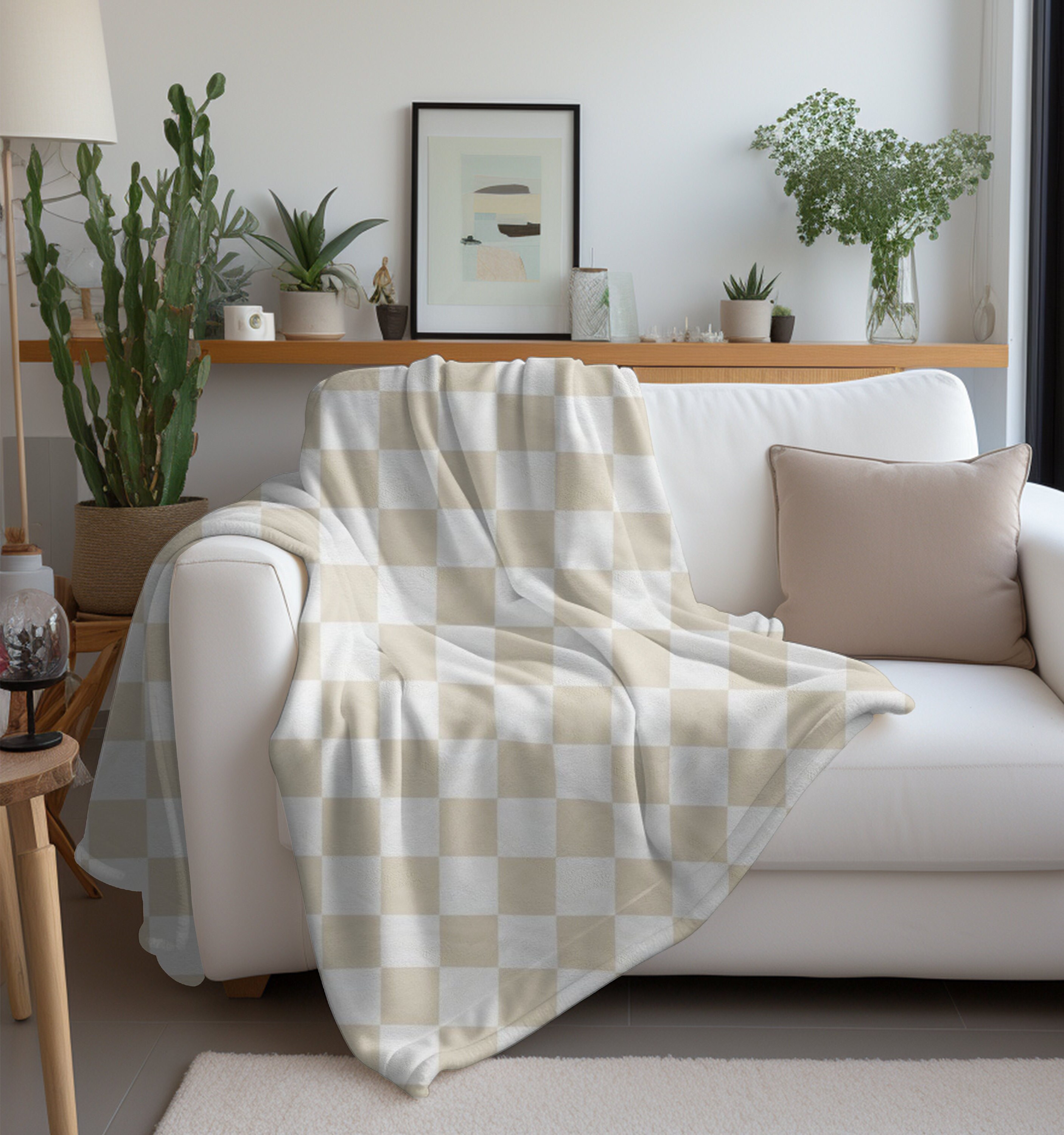 Beige Check Blanket, Tan Checkerboard Throw Beige and White Bedding ...