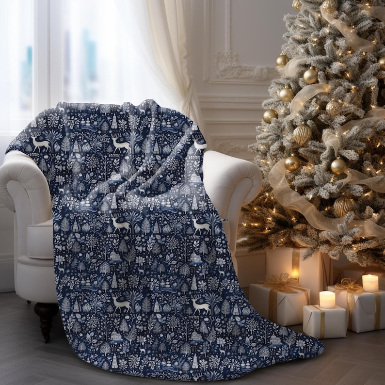 Nordic Deer Blanket, Blue Christmas Throw Reindeer Holiday Blanket ...