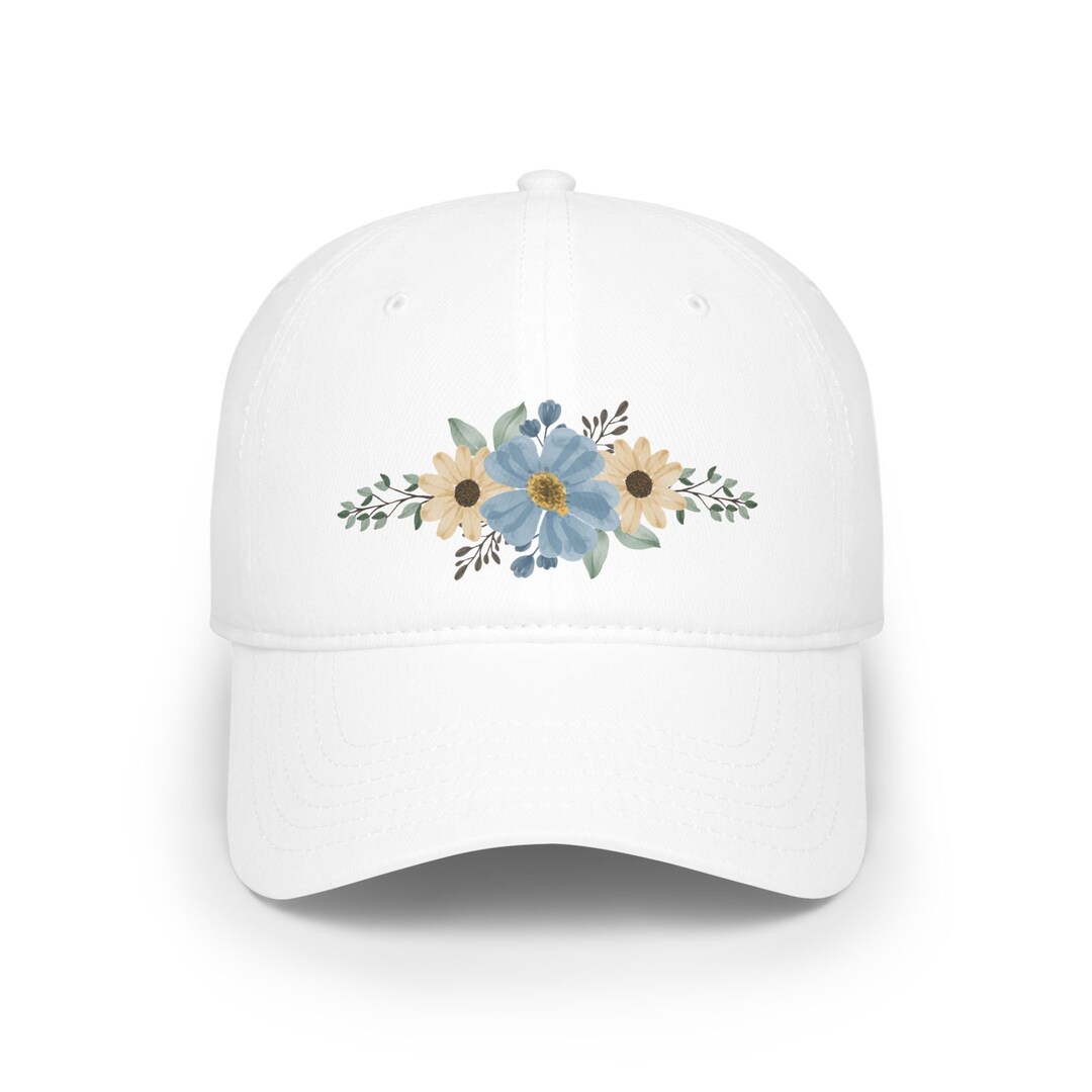 Blue Flowers Baseball Cap Blue Floral Hat Yellow Flower Cap Watercolor ...