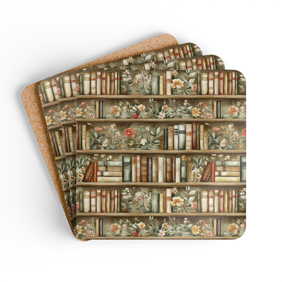 Old Bookshelf Coaster Set Floral Library Coasters Books and Flowers ...