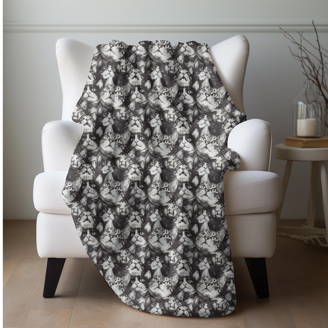 Cat Faces Blanket Black and White Cat Blanket Cat Lover Gift Black Cat ...