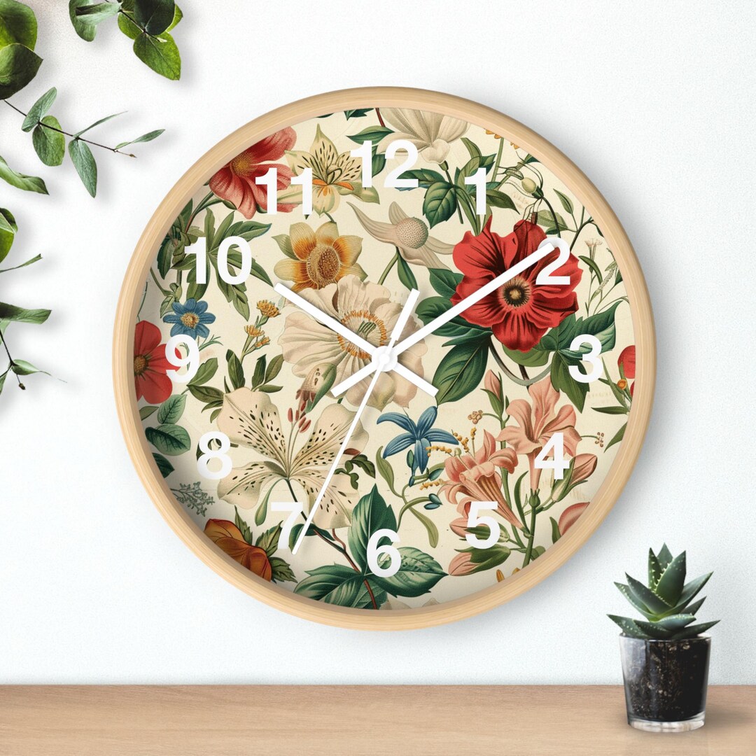 Vintage Floral Wall Clock Flower Wall Clock Rustic Flora Decor ...
