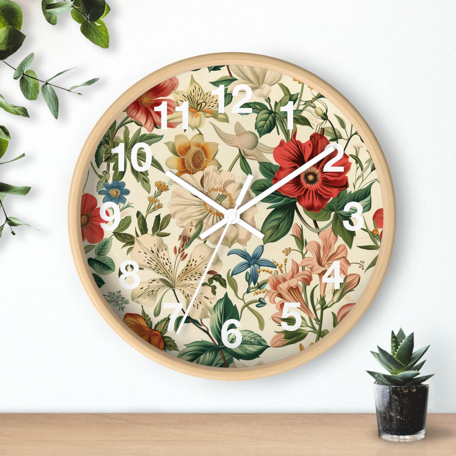 Vintage Floral Wall Clock Flower Wall Clock Rustic Flora Decor ...