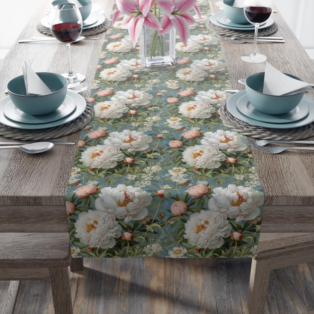 White Peonies Table Runner Elegant Table Decor Peony Pattern Table Runner Romantic Floral Table ...