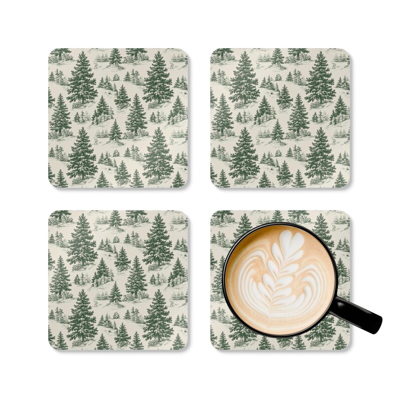 Green Toile Christmas Tree Coaster Set Toile Christmas Coasters Festive ...