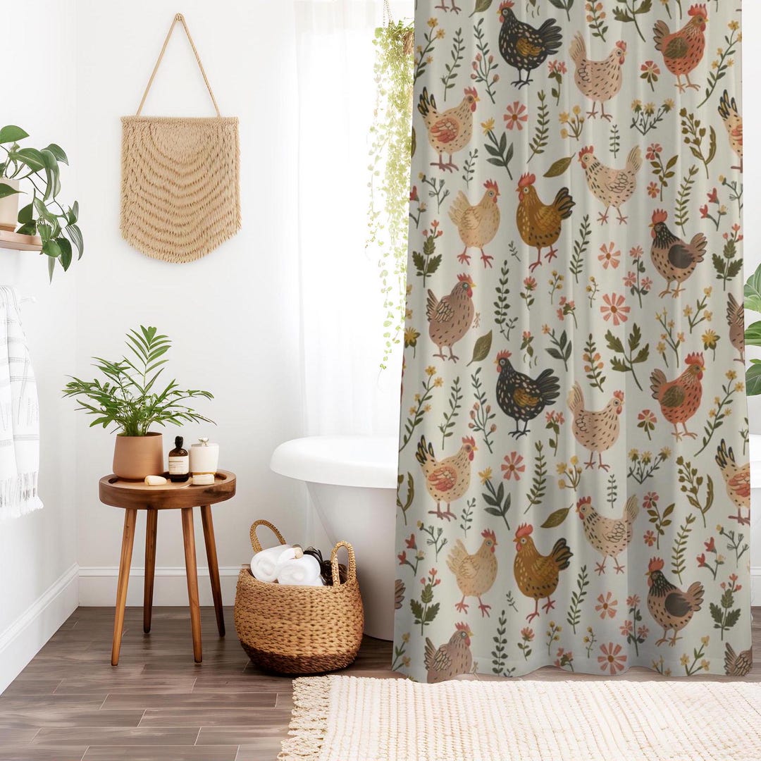 Chicken and Flowers Shower Curtain Farmhouse Bathroom Decor Chicken ...