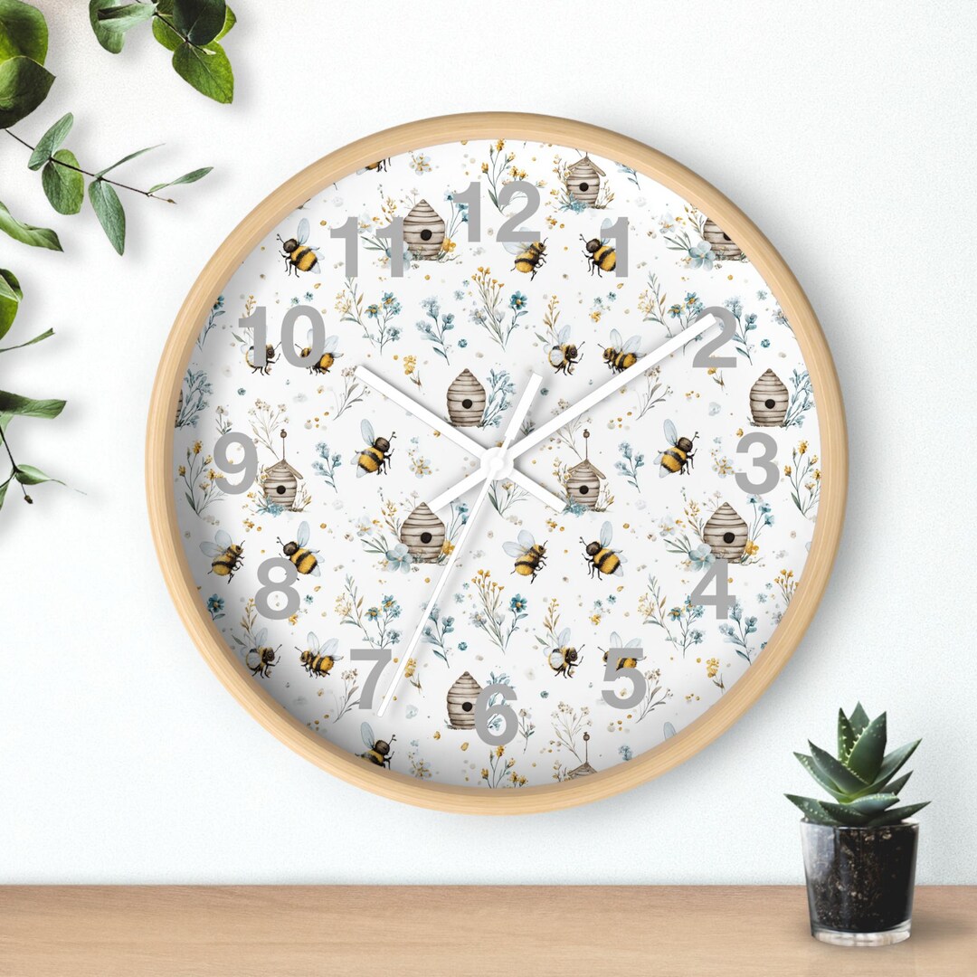 Bees and Flowers Wall Clock - Honey Bee Floral Clock Gardener Clock ...