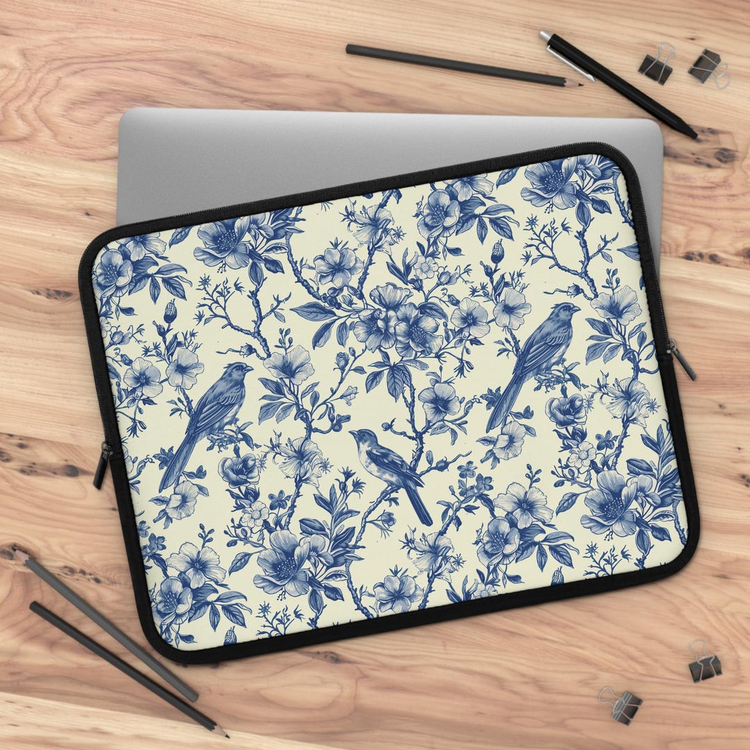 Blue Birds Laptop Sleeve French Toile Laptop Cover Bird and Floral ...