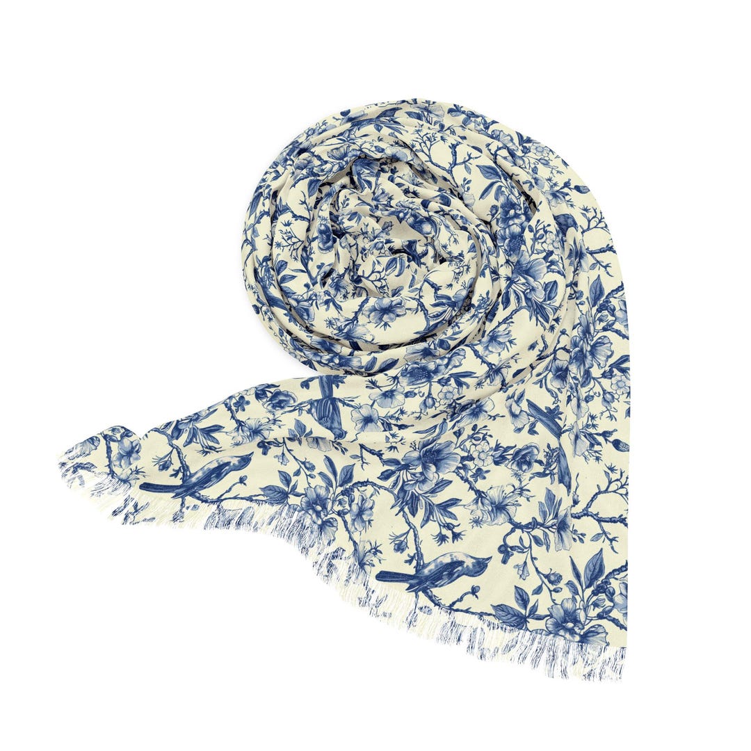 Blue Toile Birds Scarf for Women Classic French Country Toile Fashion ...
