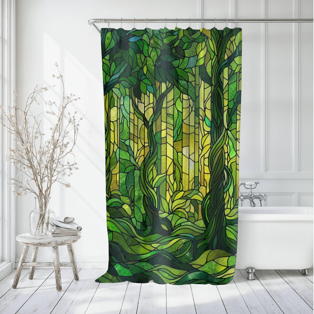 Green Forest Stained Glass Shower Curtain, Forest Bathroom Decor ...