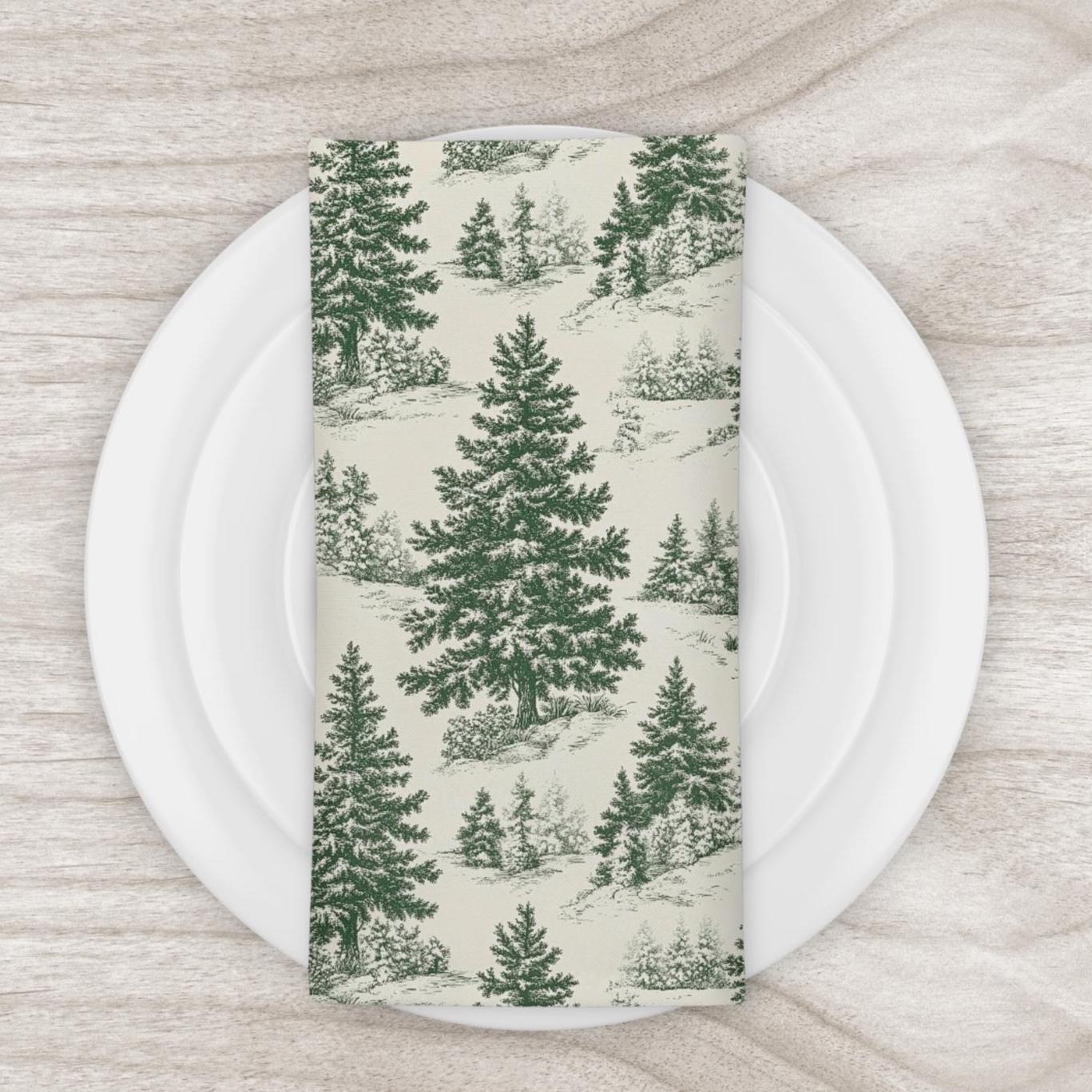 Green Toile Christmas Tree Napkin Set Holiday Dinner Decor Festive ...