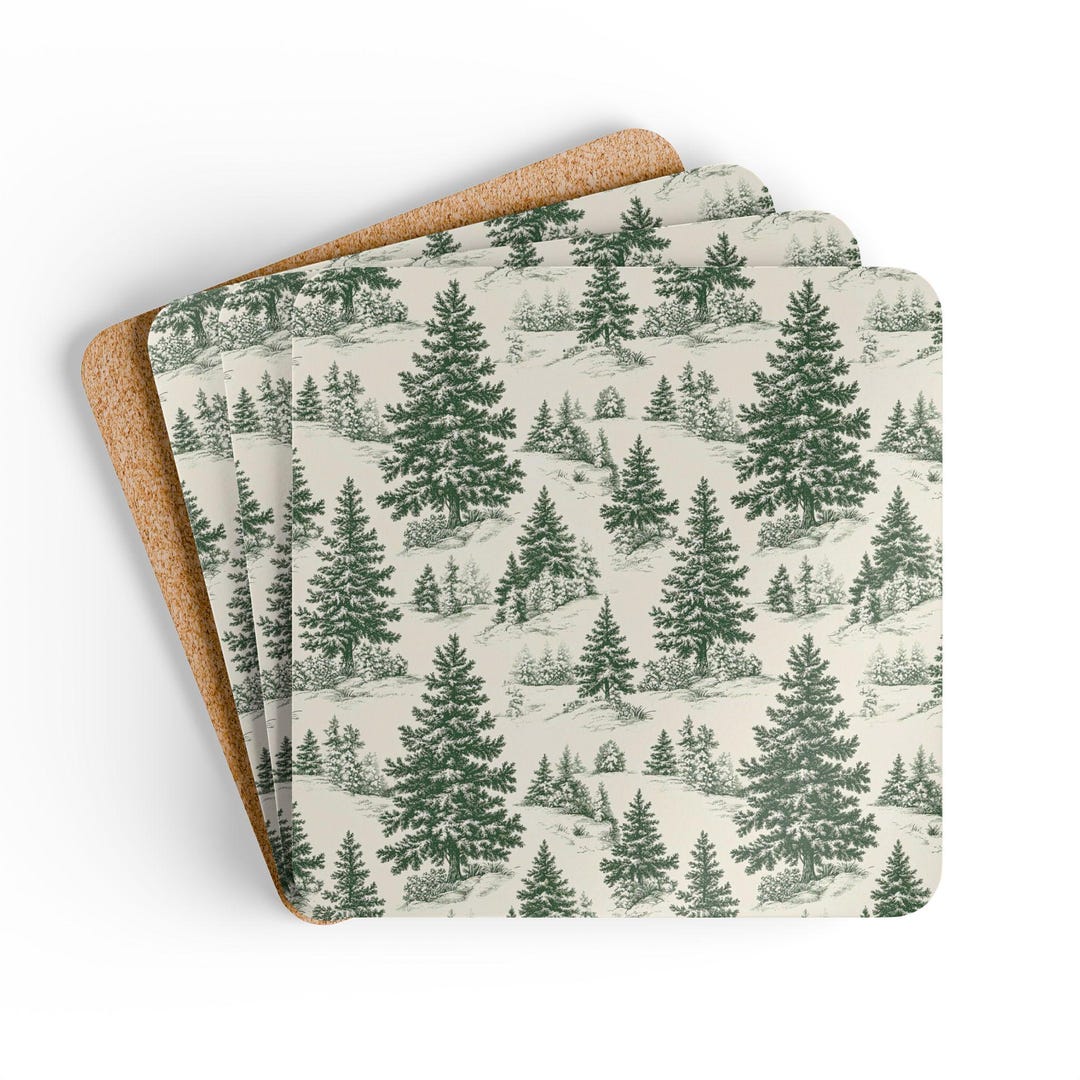 Green Toile Christmas Tree Coaster Set Toile Christmas Coasters Festive ...