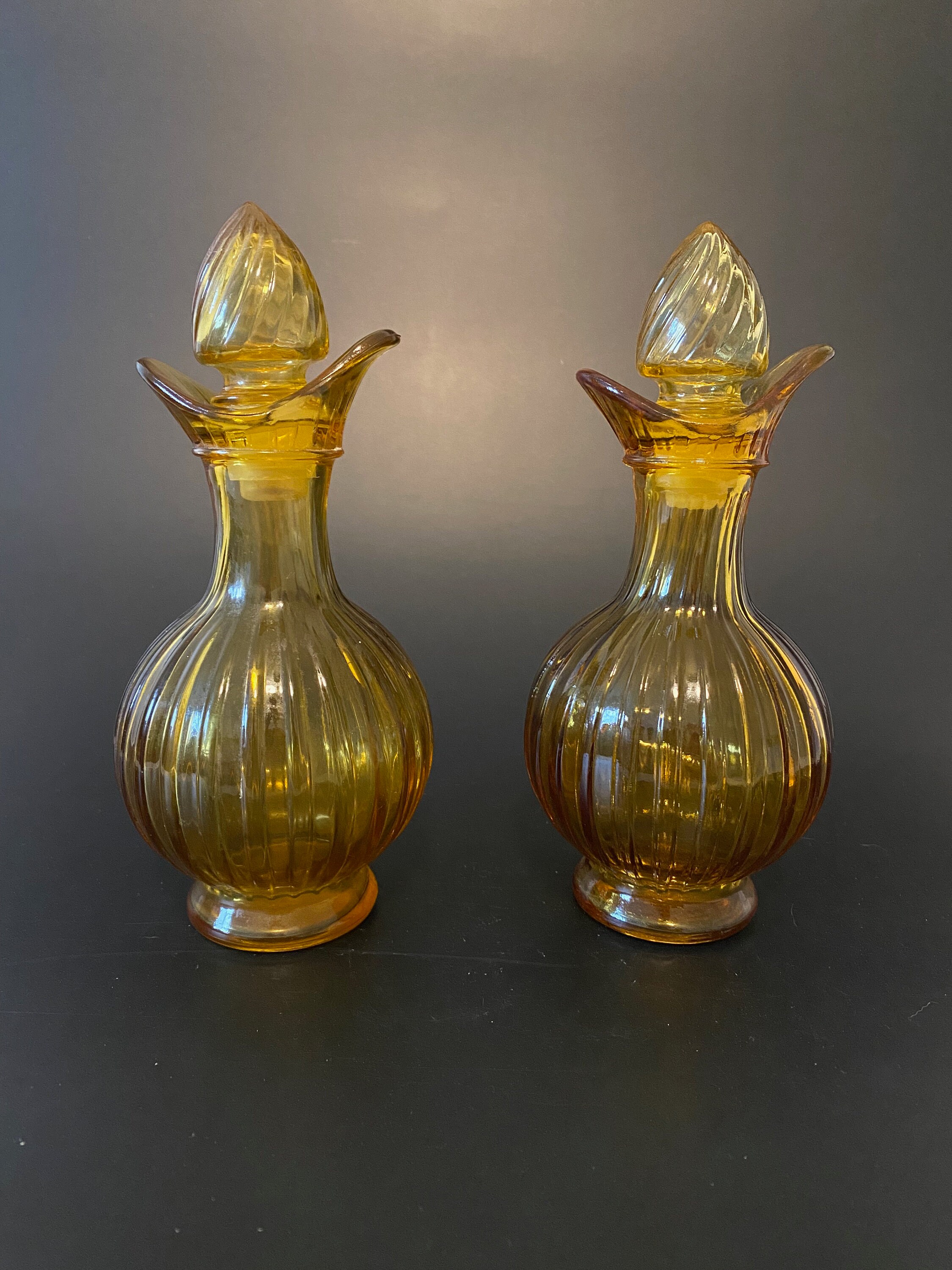 Vintage Decanter, Amber Decanters, Pair With Stoppers, Retro Bottles ...