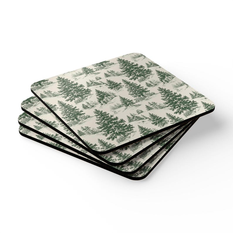 Green Toile Christmas Tree Coaster Set Toile Christmas Coasters Festive ...