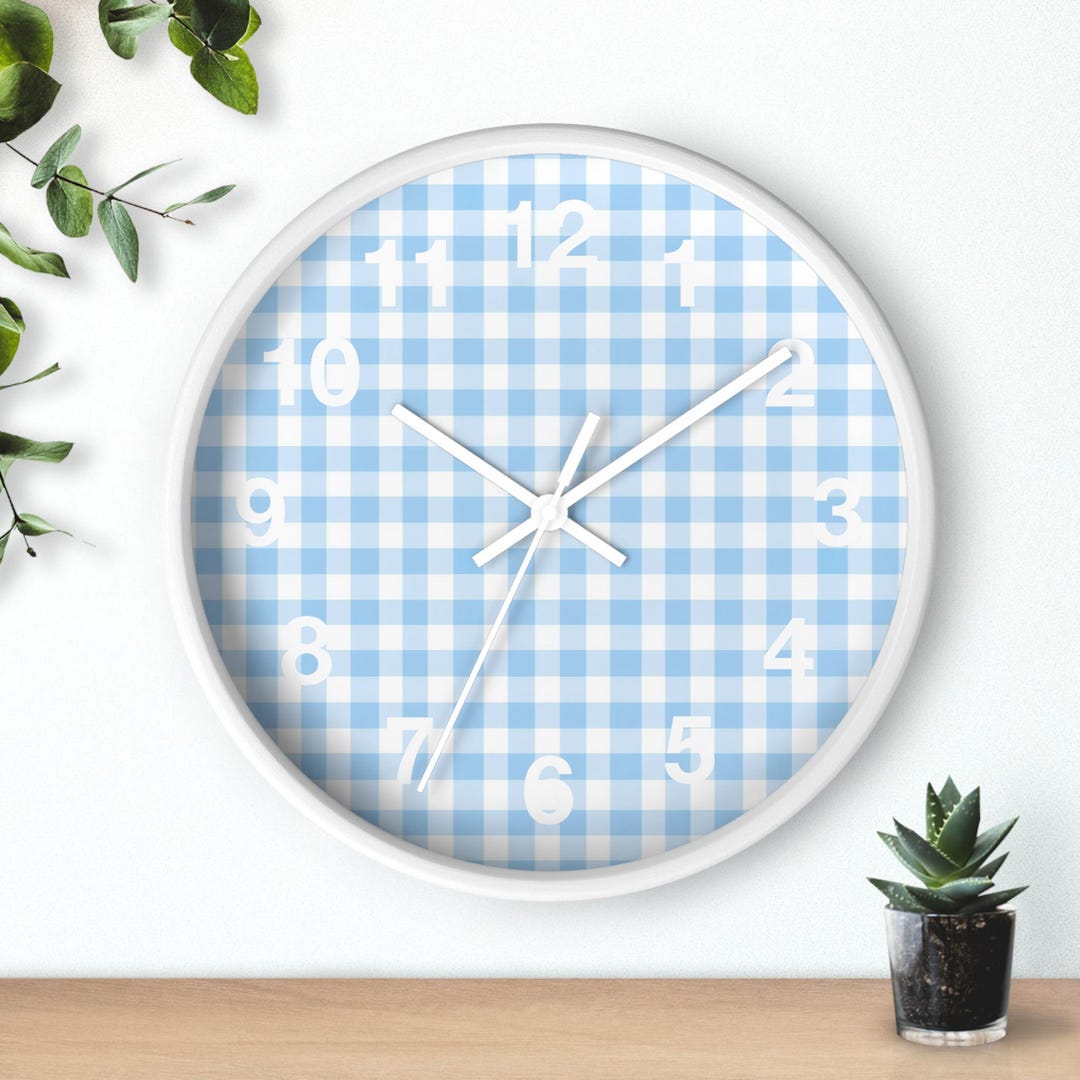 Blue Gingham Check Wall Clock Baby Boy Nursery Decor Gift Kids Room ...