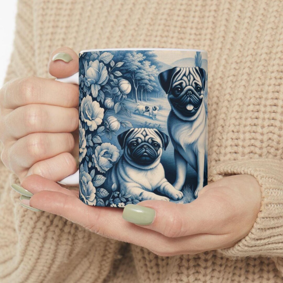 Blue Toile Pug Dog Mug Coffee Cup Pug Lover Gift French Country Pug Mug ...