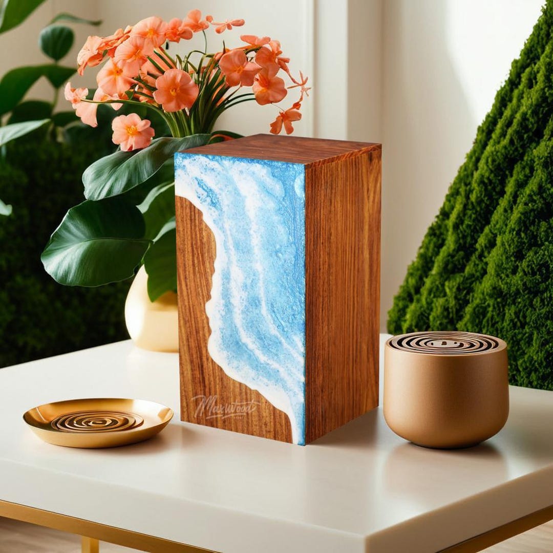 Handcrafted Rosewood Urn: Ocean Wave Resin Design, Cremation Memorial ...