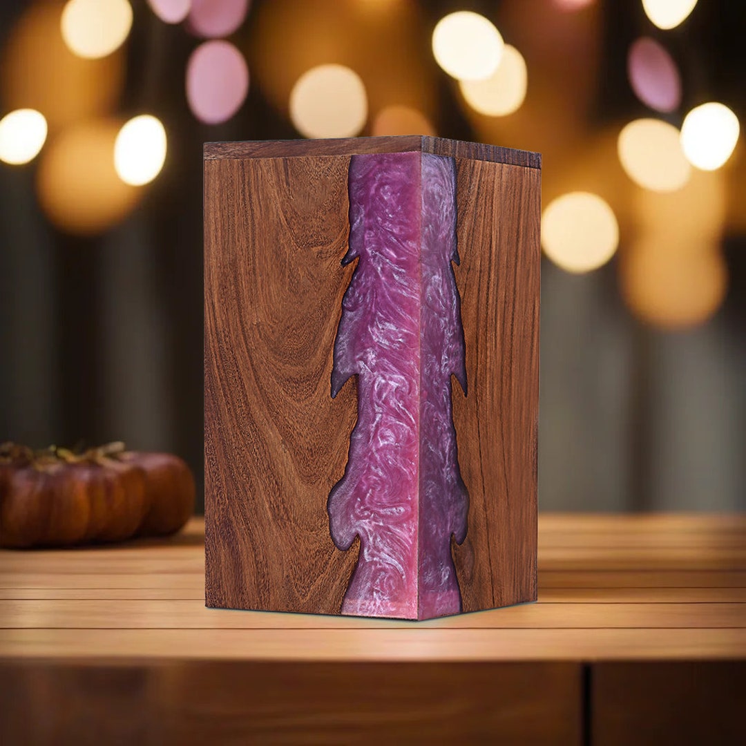 Handcrafted Rosewood and Pink Resin Design Urn Box - Unique Memorial ...