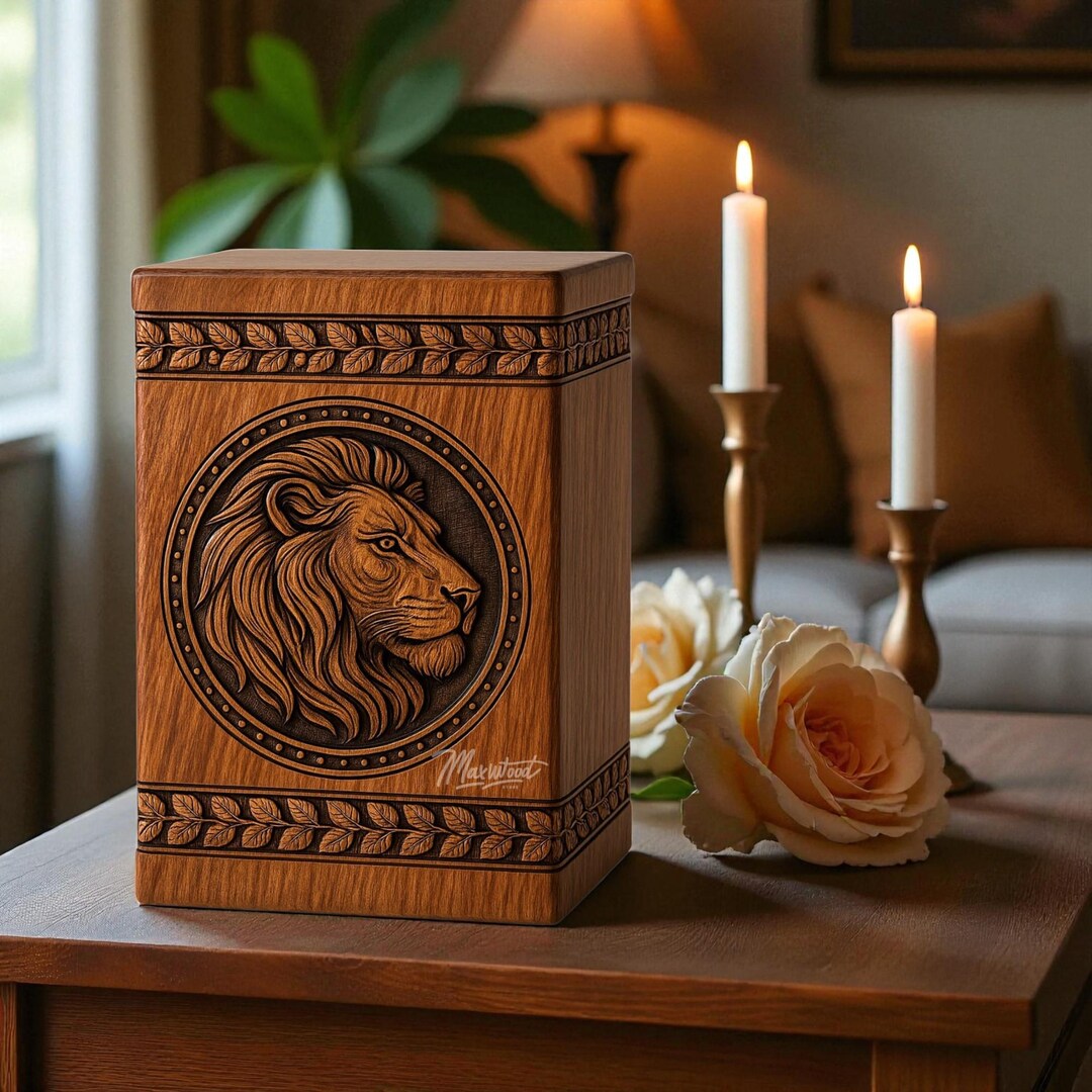 Lion Carved Wooden Cremation Urn: Engraved Memorial Keepsake - Etsy