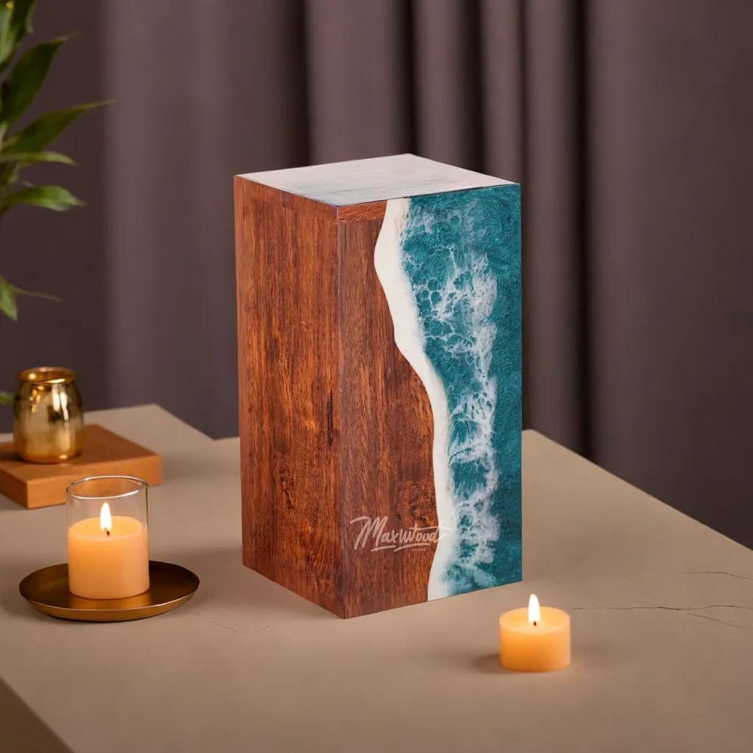Handcrafted Rosewood Urn: Resin Ocean Wave Design, Remembrance Keepsake ...