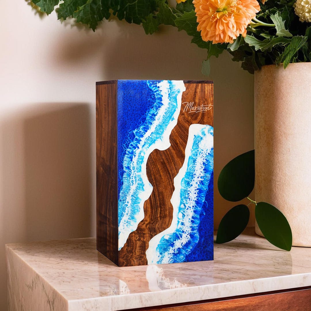 Handcrafted Rosewood Urn With Resin Ocean Wave Art - Memorial Keepsake ...
