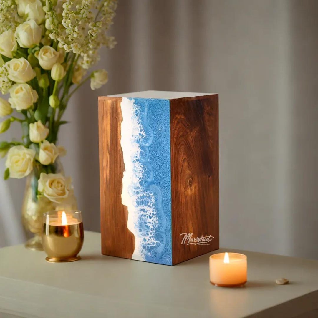 Rosewood Cremation Urn: Ocean Wave Resin Design, Remembrance Keepsake ...