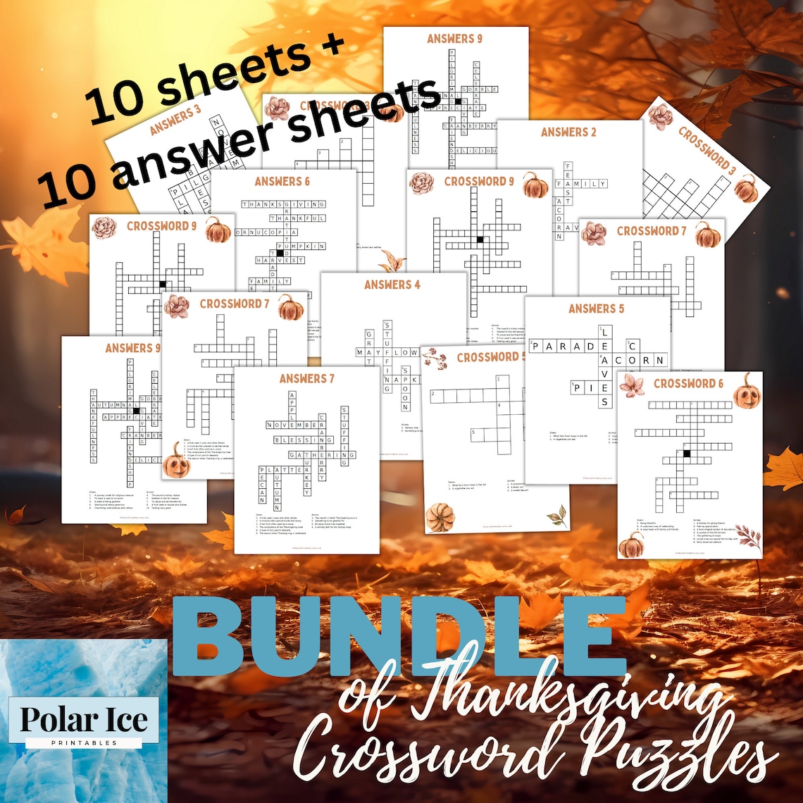 Thanksgiving Crossword Puzzle Printable Bundle : 10 Puzzles, 2 ...