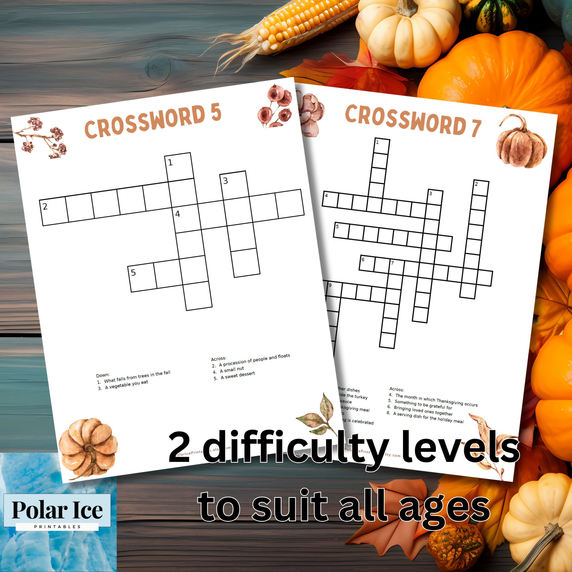 Thanksgiving Crossword Puzzle Printable Bundle : 10 Puzzles, 2 ...