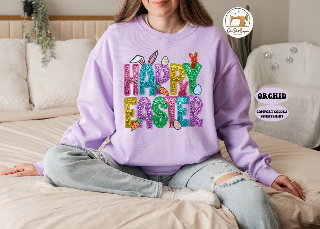 Happy Easter Comfort Colors® Sweatshirt, Womens Easter Shirt, Rabbit ...