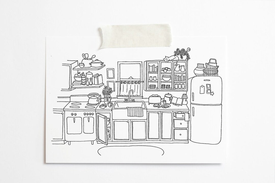 Kitchen Scene Coloring Sheet Coloring Sheet for Adults and Kids Retro ...
