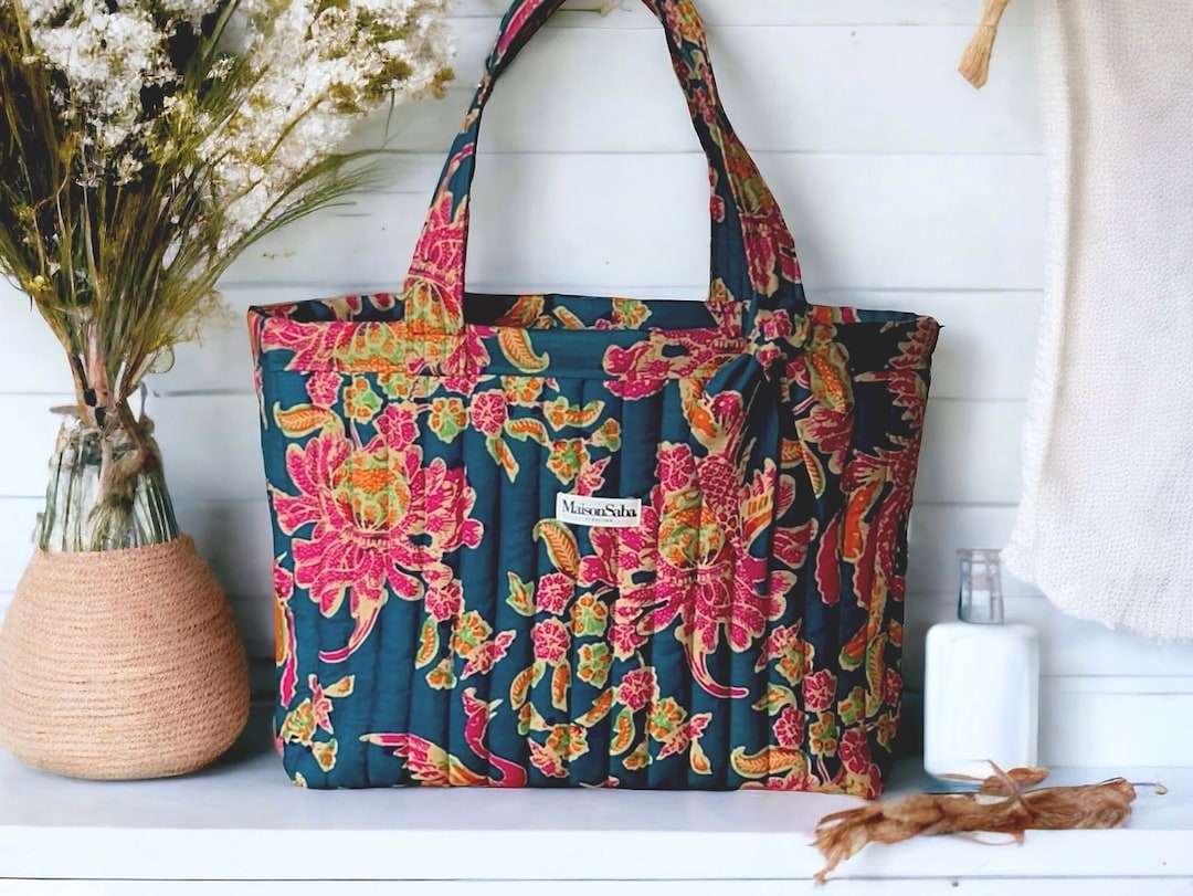 Floral Tote Bag, Batik Pattern With Large Colorful Flower, Quilted Tote ...