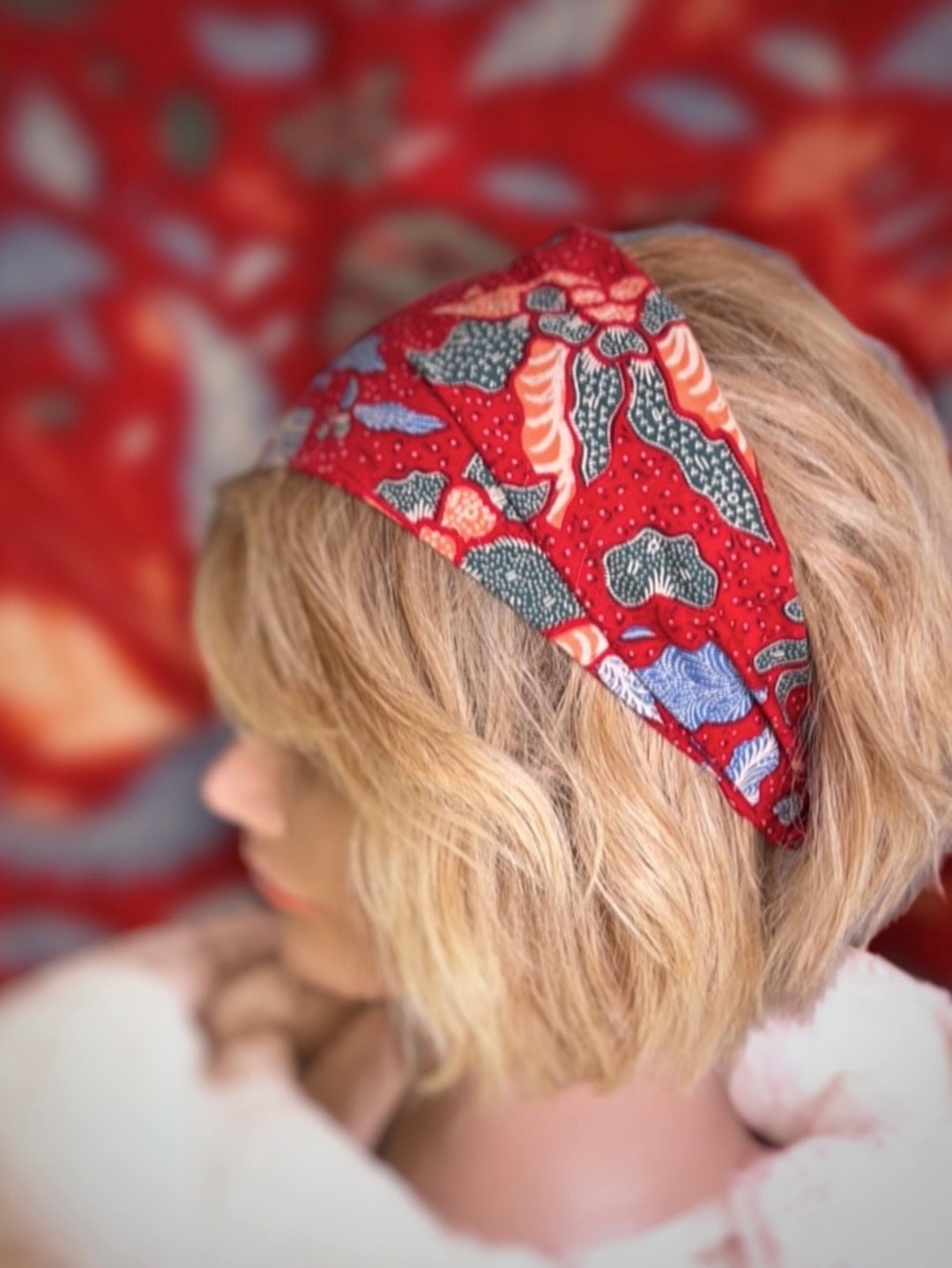 Red Floral Headband, Batik Bali Cotton, Stretchable - Etsy