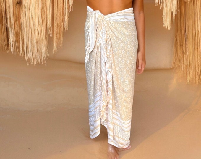 Boho Beach Pareo, Beige Floral Pattern Bali Sarong, Large Beach Towel ...
